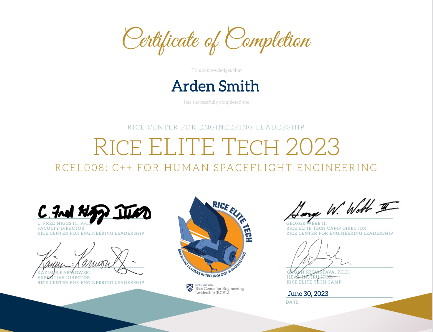 Rice Elite Tech certificate – ARDEN M. SMITH